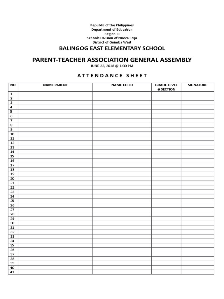 Pta Attendance Sheet | PDF | Educational Organizations | Schools