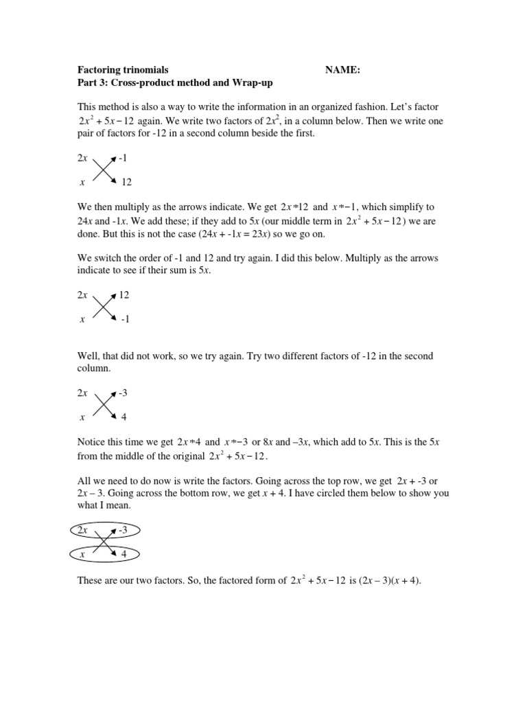 Factoring Trinomials Name: Part 3: Cross-Product Method and Wrap-Up ...