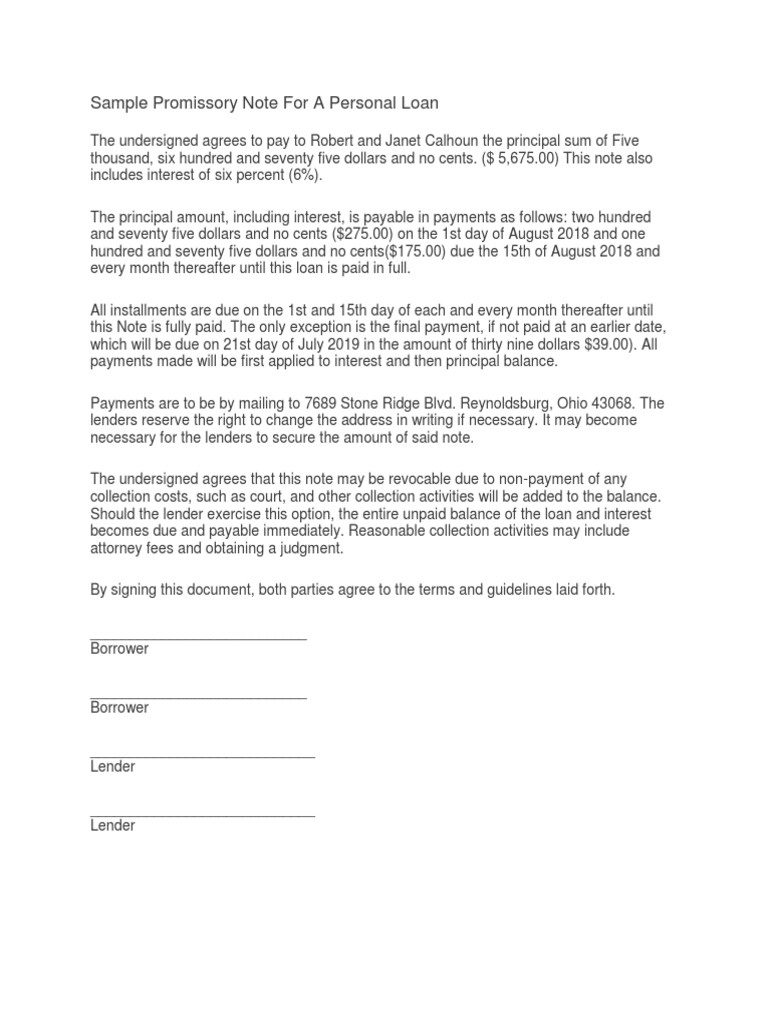 Sample Promissory Note For A Personal Loan | PDF | Promissory Note | Loans
