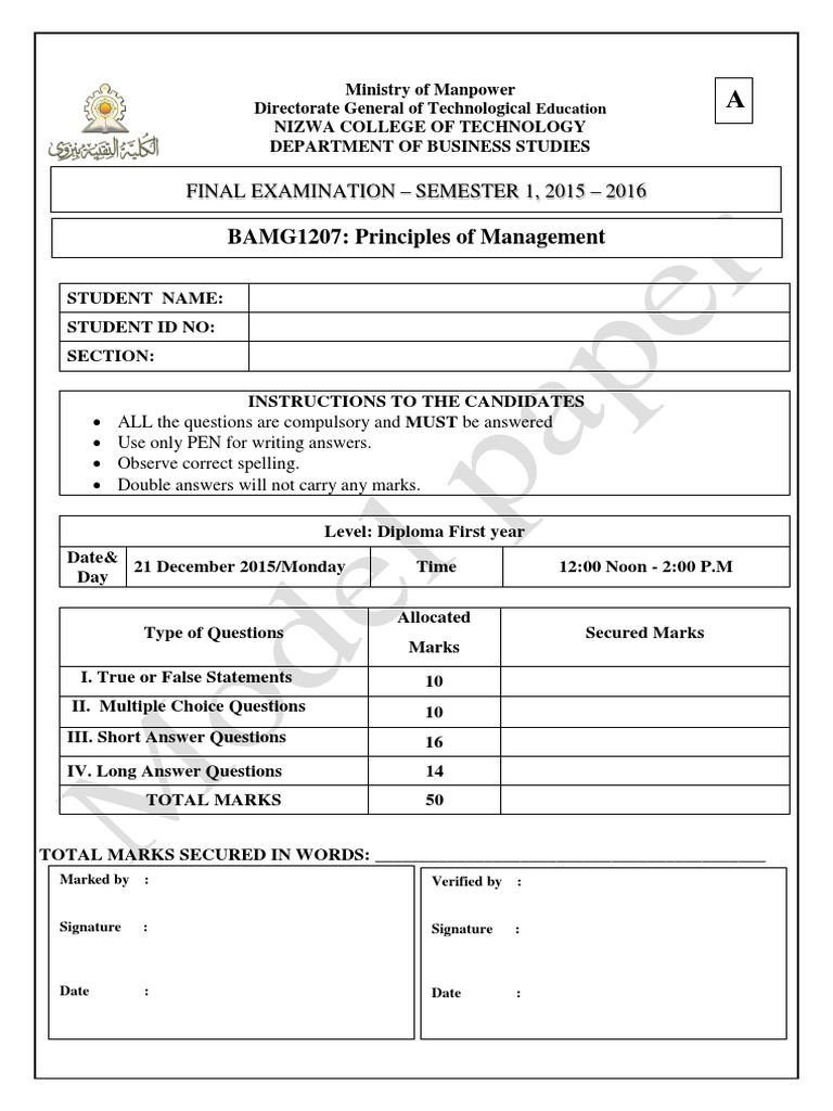 Principles of Management Final Exam | PDF | Employment | Test (Assessment)