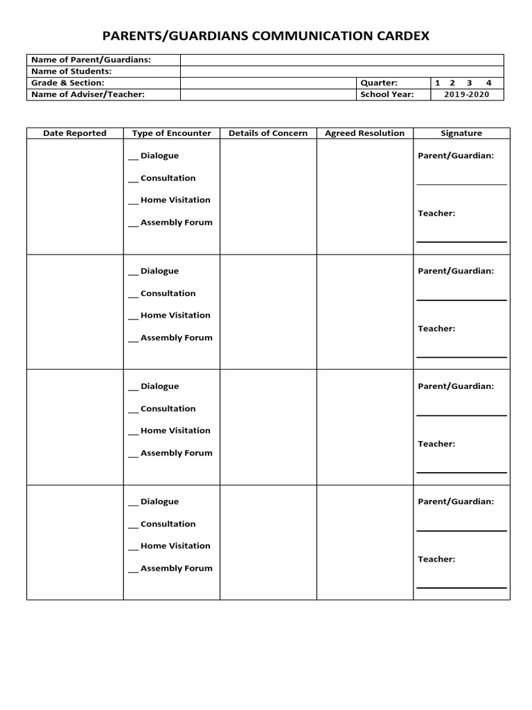 Parent-Guardian Communication Cardex | PDF