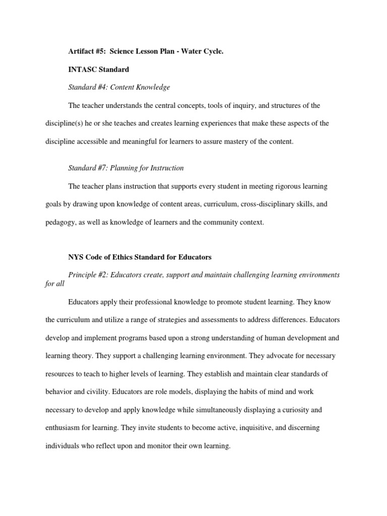 Artifact 5 Science Lesson Plan Water Cycle Intasc Standard Pdf