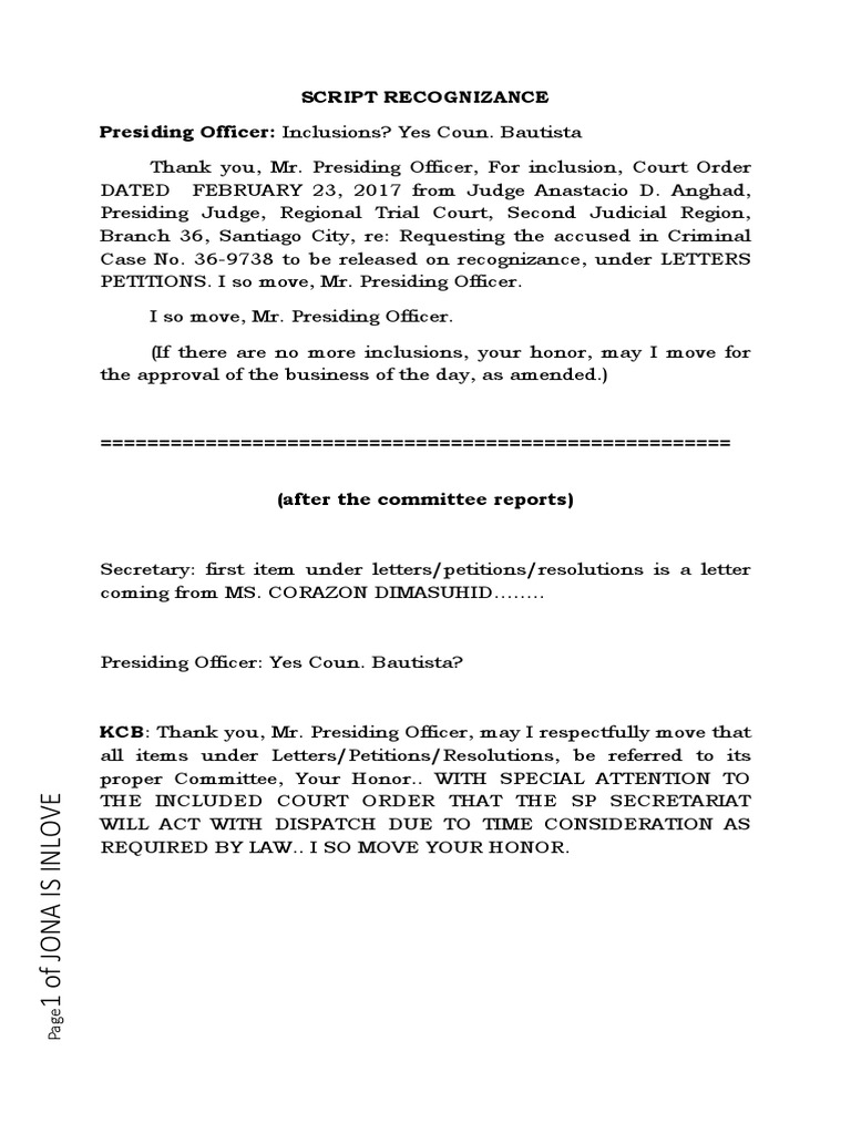 Script Recognizance Presiding Officer: Inclusions? Yes Coun. Bautista | PDF