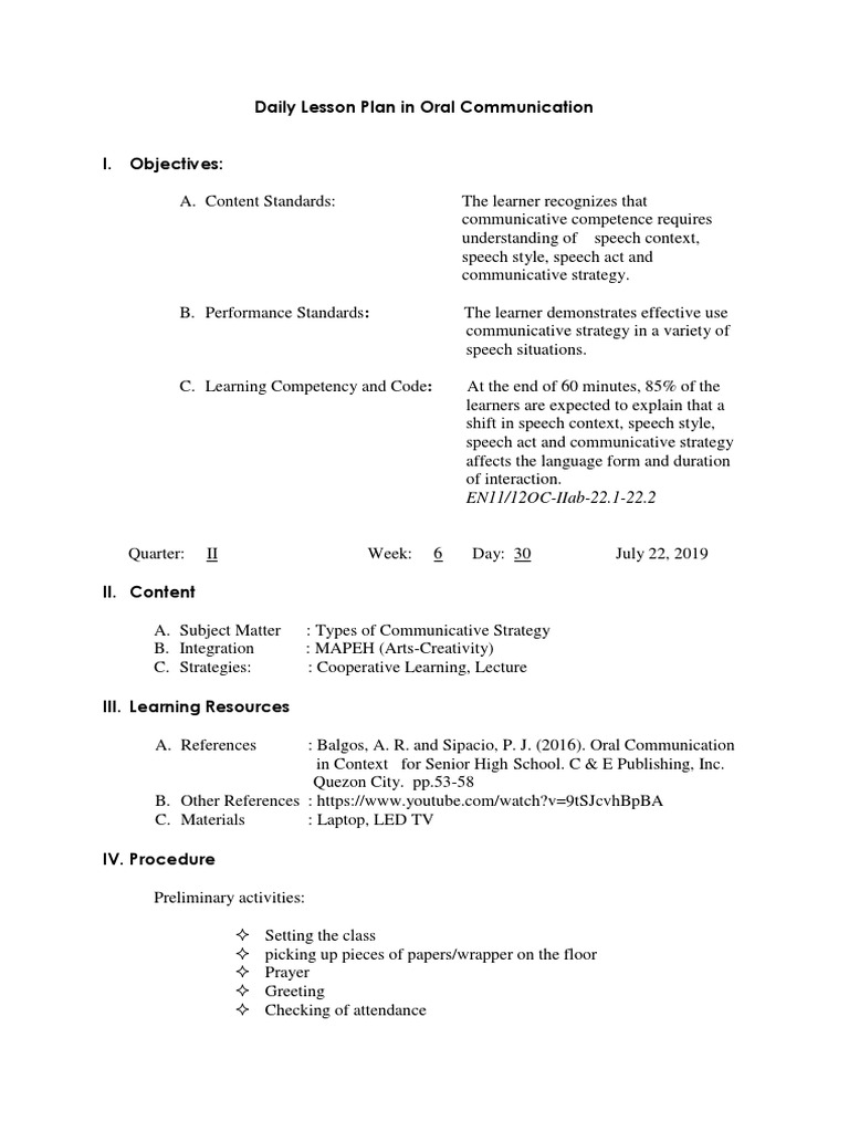 Oral Communication Lesson Plan | PDF | Phrase | Word