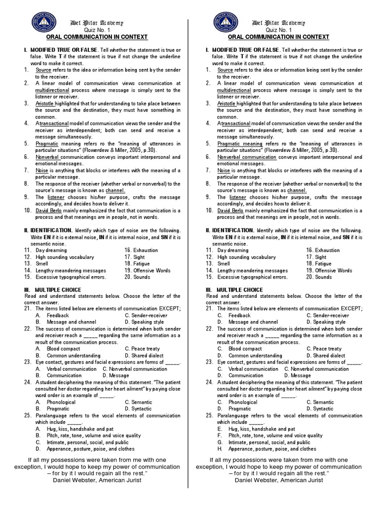 Del Pilar Academy Oral Communication Quiz | PDF | Nonverbal Communication | Communication