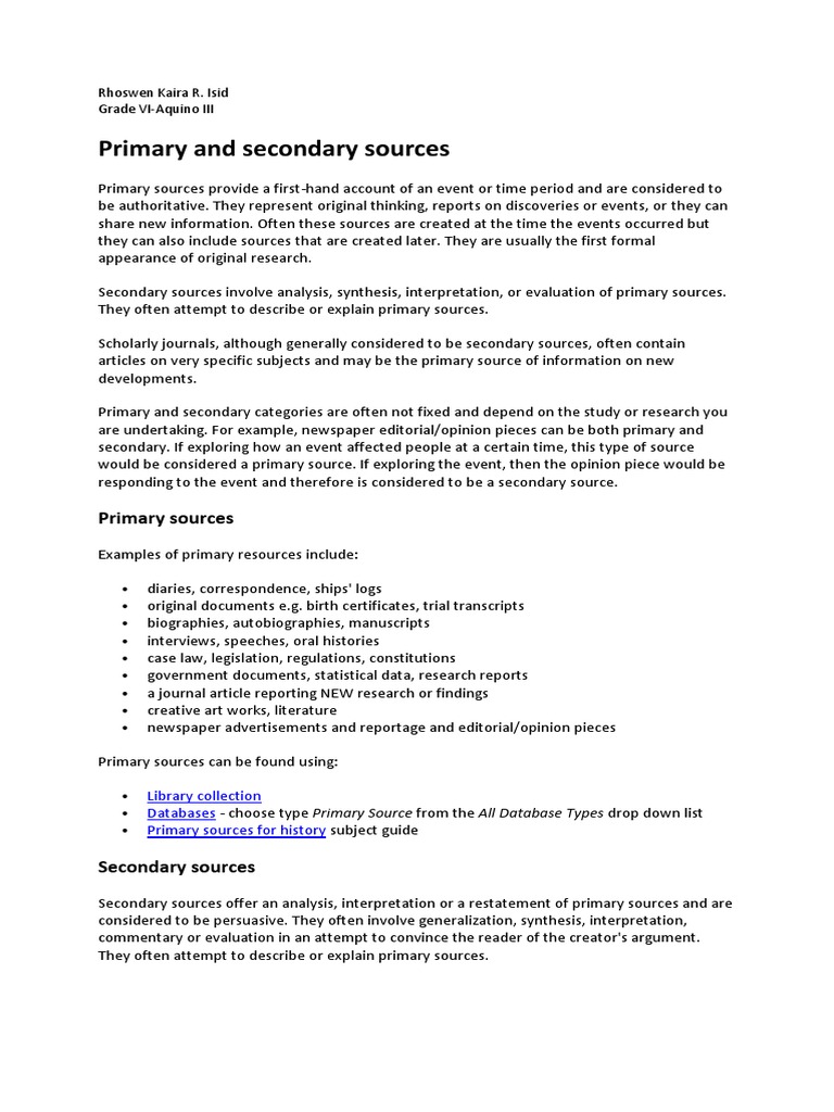 Primary and Secondary Sources | Download Free PDF | Primary Sources ...
