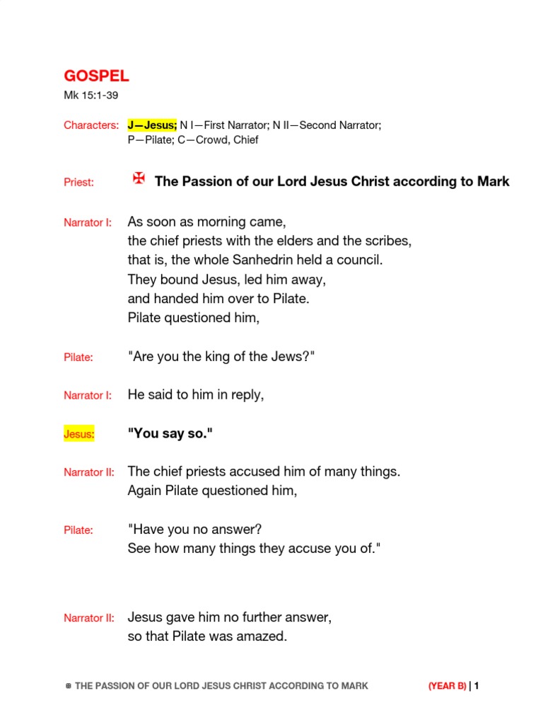 Gospel: The Passion of Our Lord Jesus Christ According To Mark | PDF ...