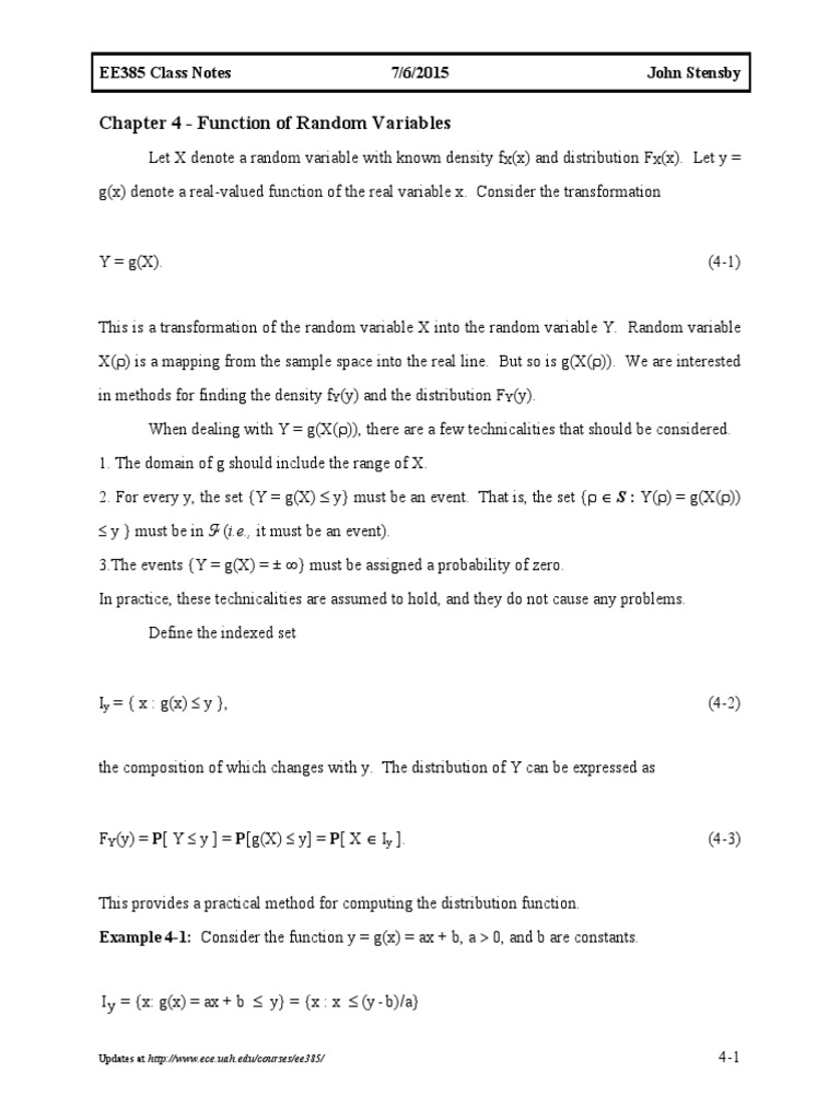 Chapter 4 - Function of Random Variables: EE385 Class Notes 7/6/2015 ...