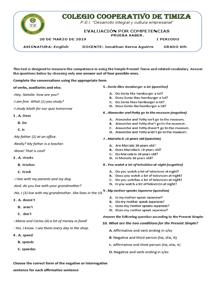 Examen de Inglés para Sexto Grado | PDF | Languages | Language Arts ...