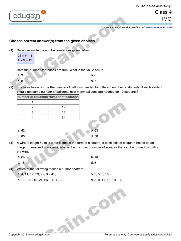 Class 4 IMO: Choose Correct Answer(s) From The Given Choices | PDF | Teaching Mathematics