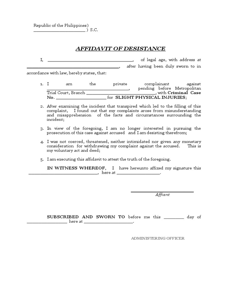 Affidavit of Desistance Template | PDF | Law