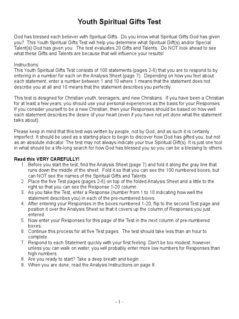 Youth Spiritual Gifts Test | PDF | Spiritual Gift | Prayer