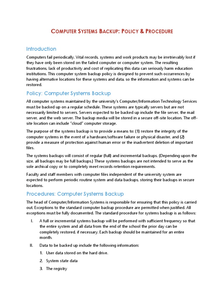 Computer Systems Backup Policy and Procedure | PDF | Backup | Areas Of Computer Science