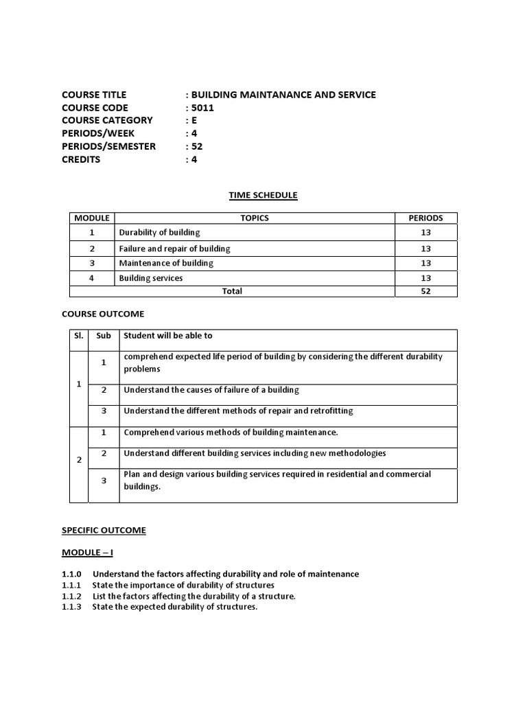 Course Title Building Maintanance And Service Course Code 5011 Course