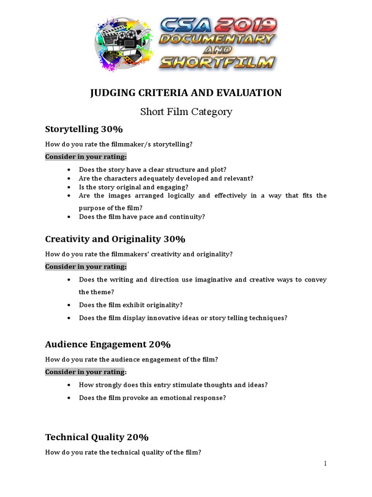 Judging Criteria and Evaluation: Short Film Category | PDF ...