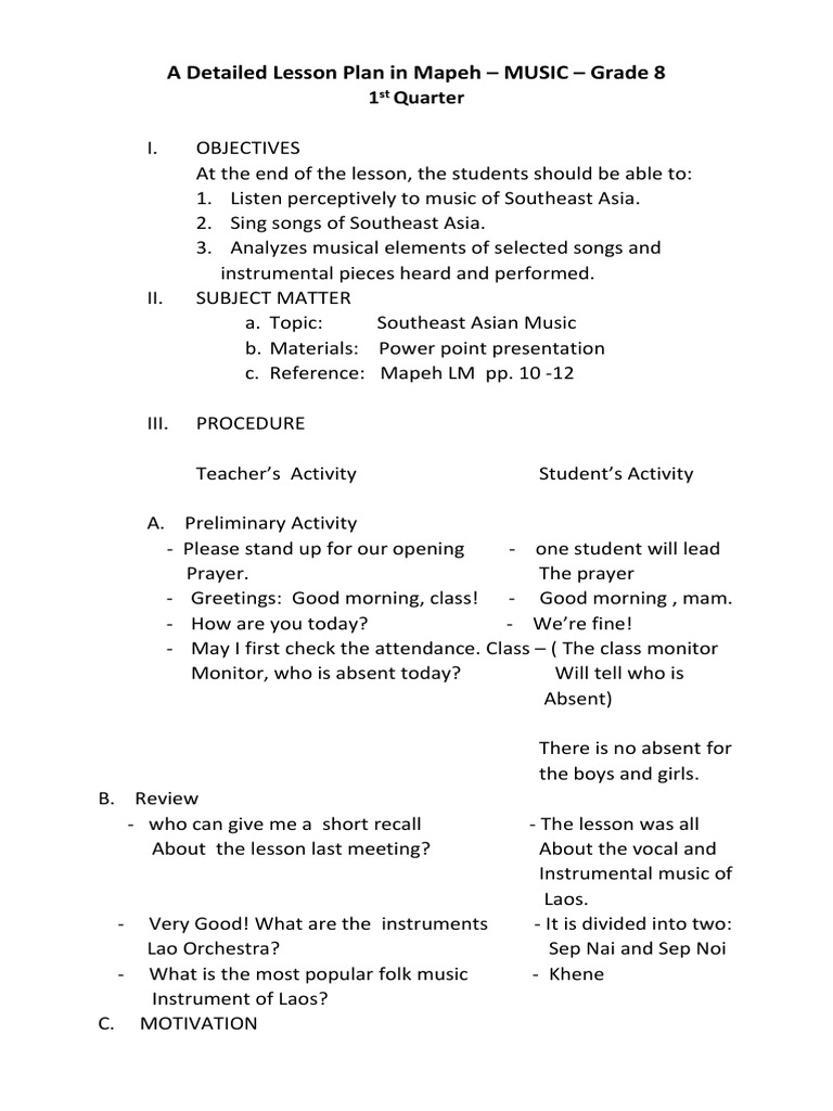 Lesson Plan In Mapeh Grade 8 Lesson Plan Performing Arts Lesson Plan