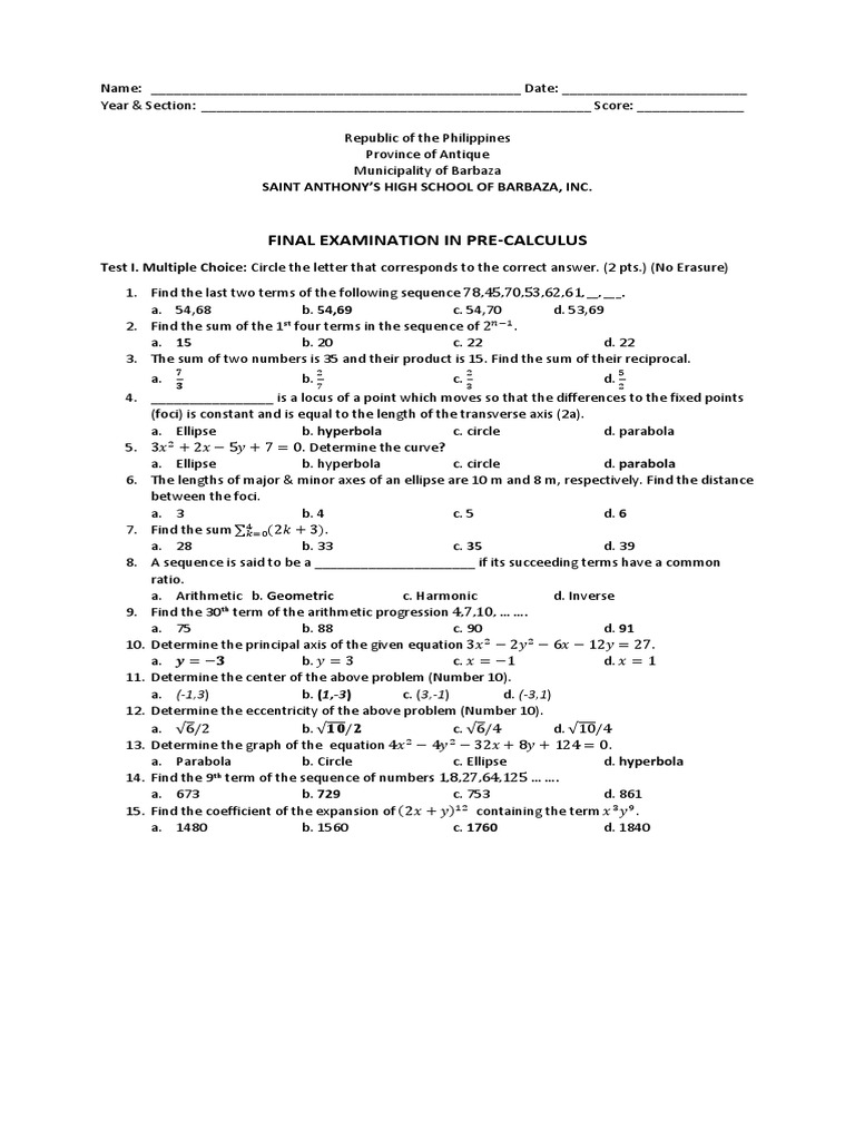 Pre-Calculus Final Exam | PDF | Ellipse | Analytic Geometry