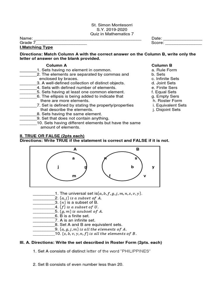 Quiz #1 Grade 7 | PDF | Set (Mathematics) | Mathematical Logic