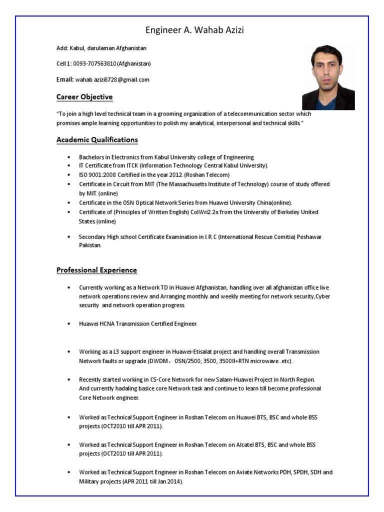 Engineer Wahab Azizi CV | PDF | Wavelength Division Multiplexing ...