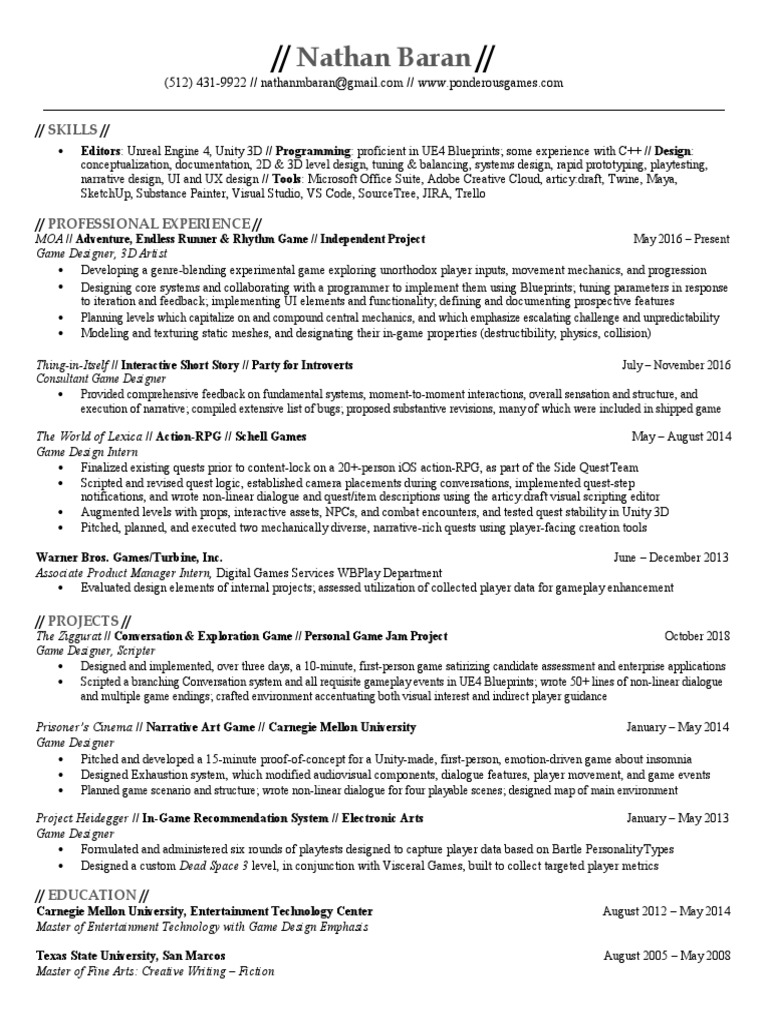 Nathan Baran Game Designer Resume 2019 | PDF | Game Design | Design