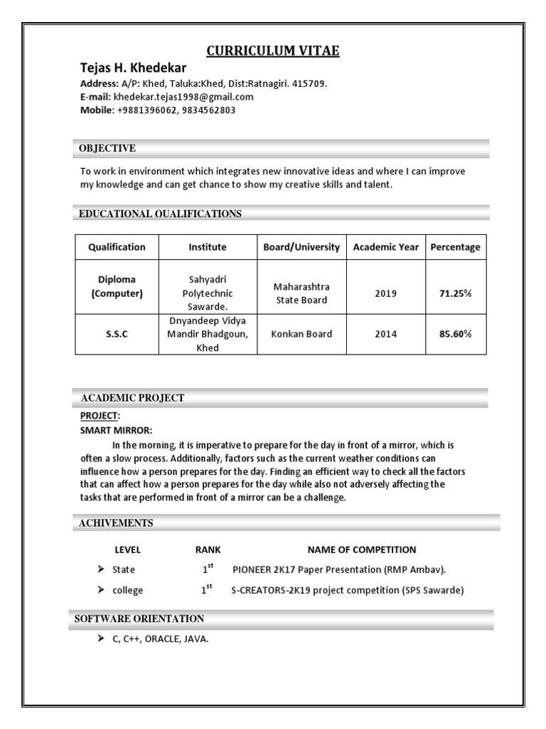 Curriculum Vitae Tejas H. Khedekar: Objective | PDF