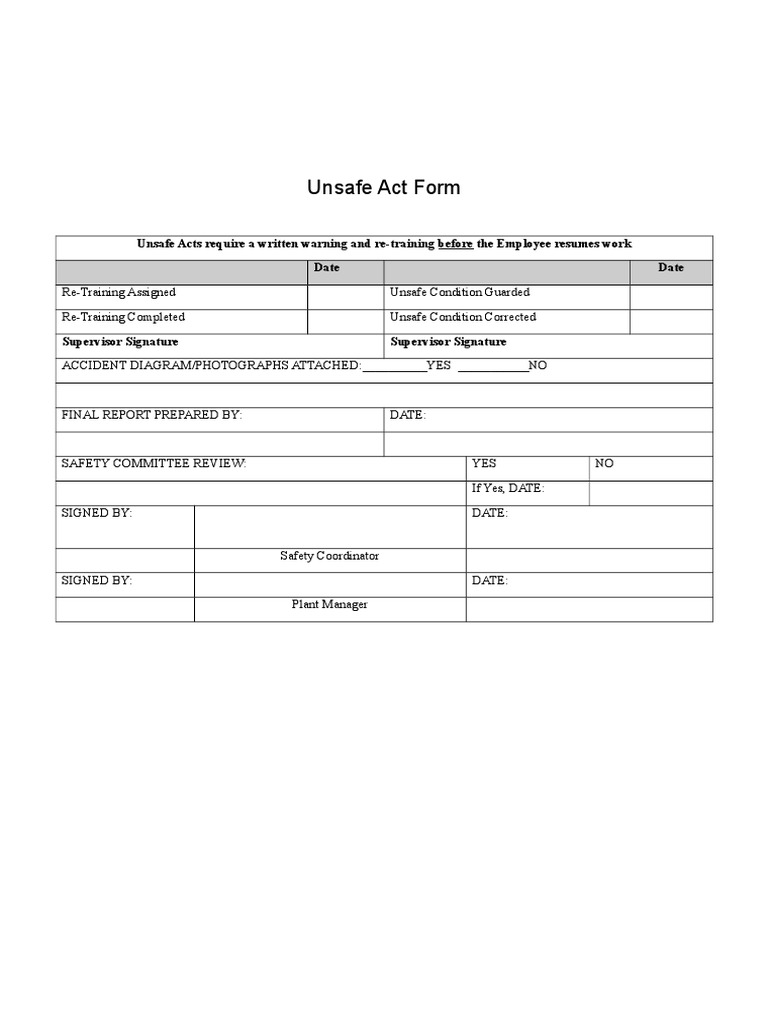 Unsafe Act Form: Unsafe Acts Require A Written Warning and Re-Training ...