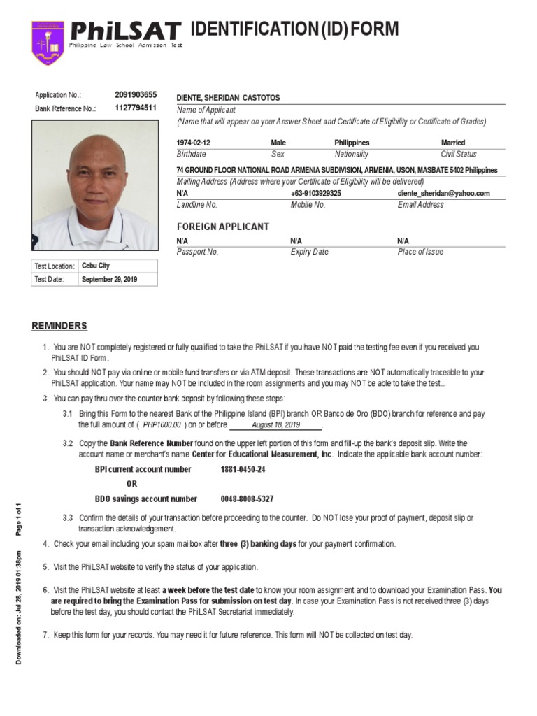 Identification (Id) Form: (Must Be SUBMITTED To The Watcher On The Day ...