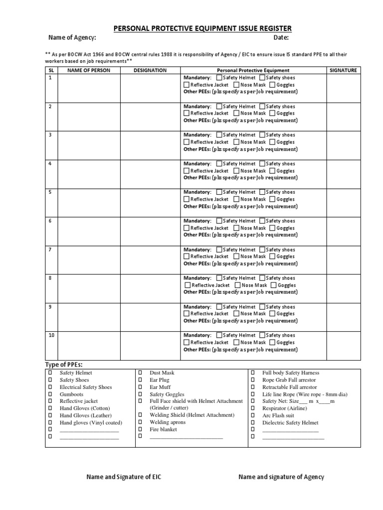 001 PPE Issue Register | Personal Protective Equipment | Sports ...
