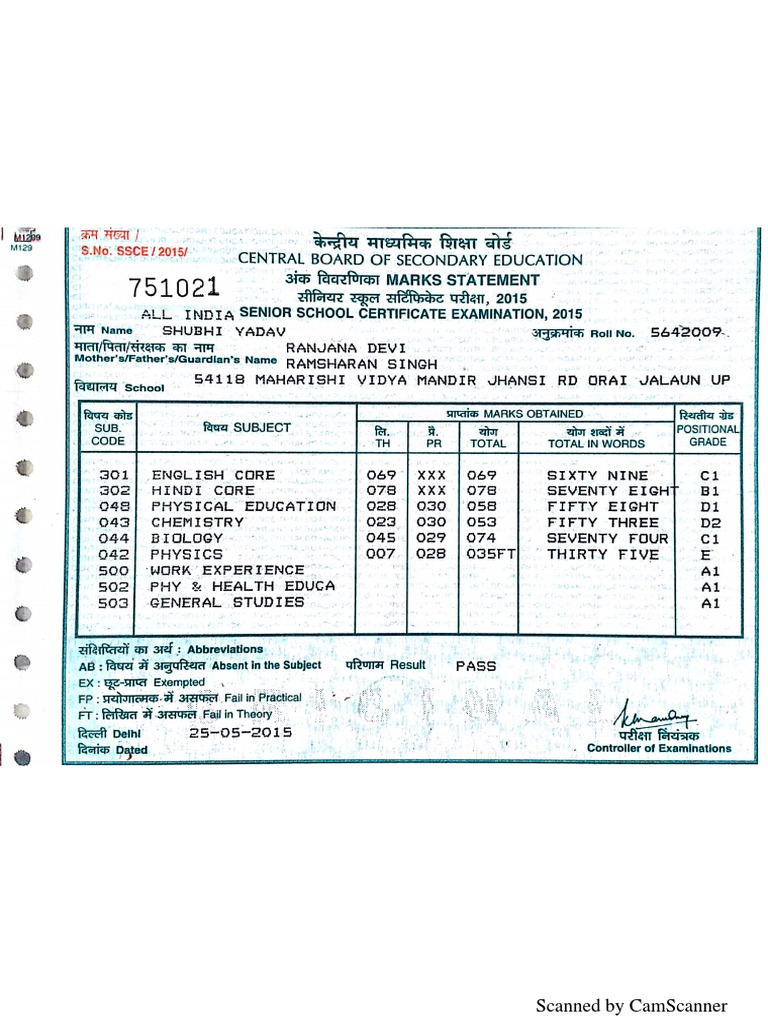 12th Marksheet | PDF