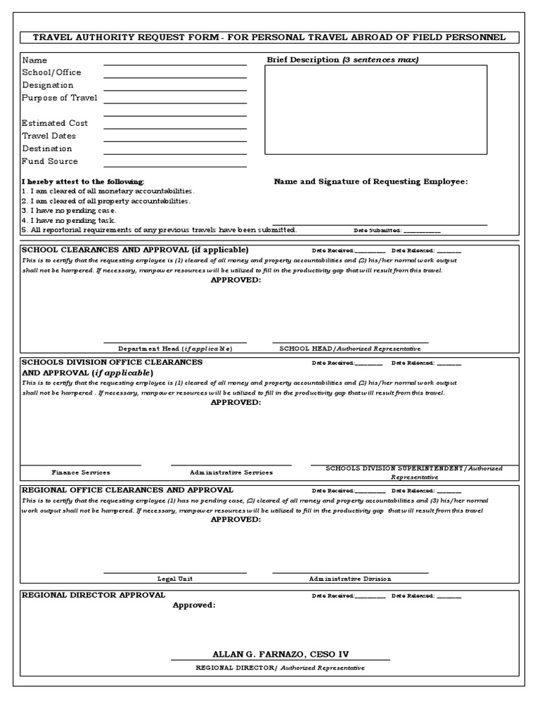 Authority To Travel Request Form | PDF | Government | Business