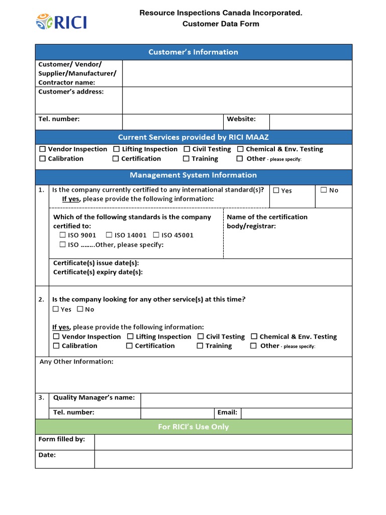 Customer Data Form for RICI Services | PDF
