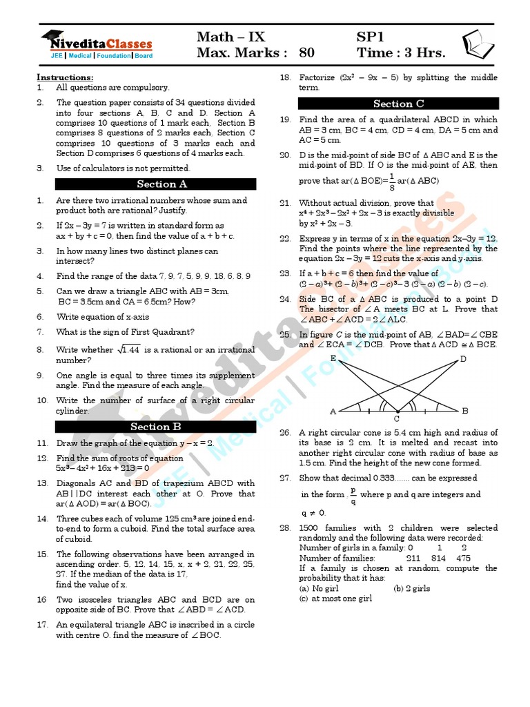 Sample Papers For Class 9 | PDF | Triangle | Atoms