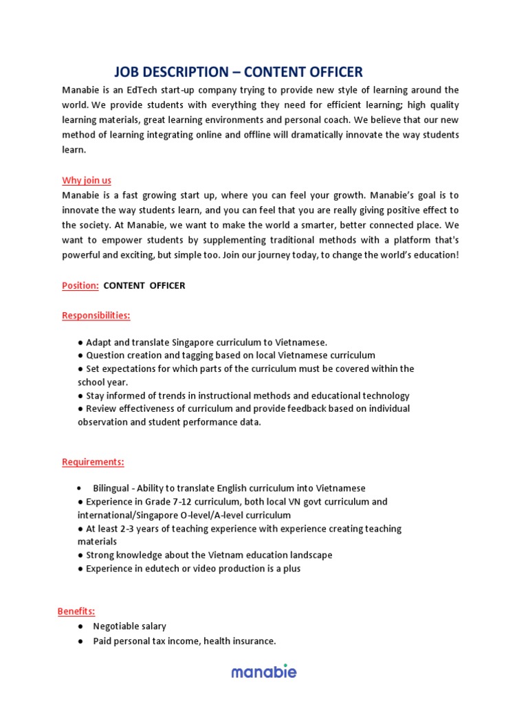 Content Officer Job Description at Manabie | PDF | Career & Growth ...