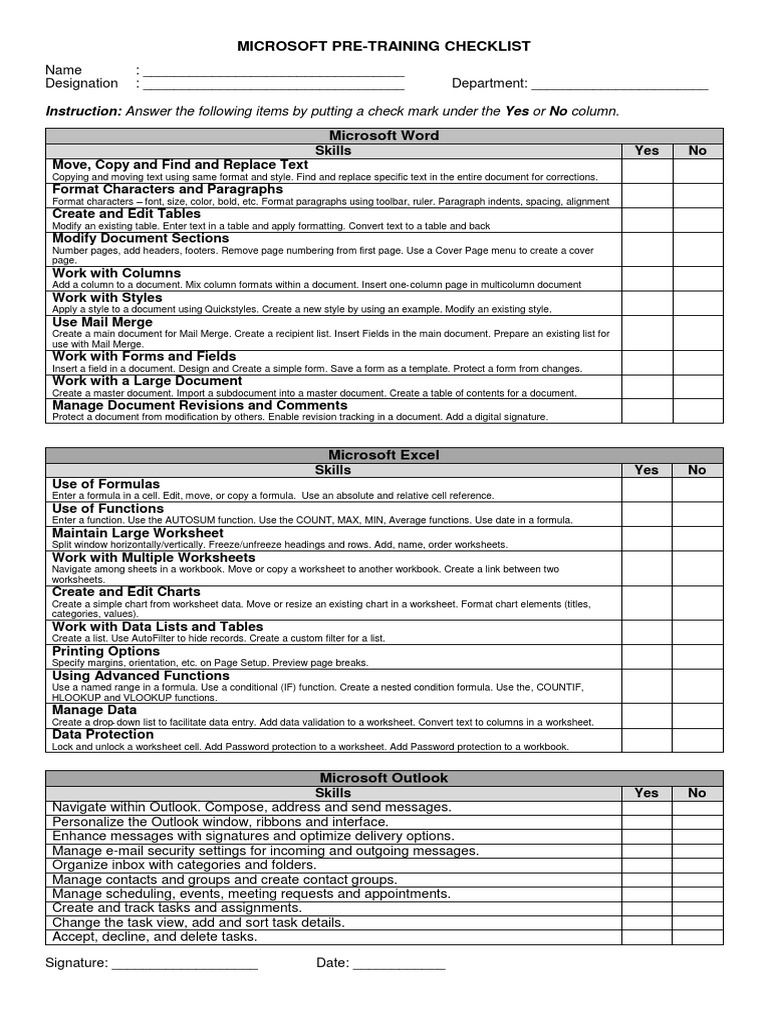 Microsoft Training Pre-Assessment Checklist | PDF | Microsoft Outlook ...