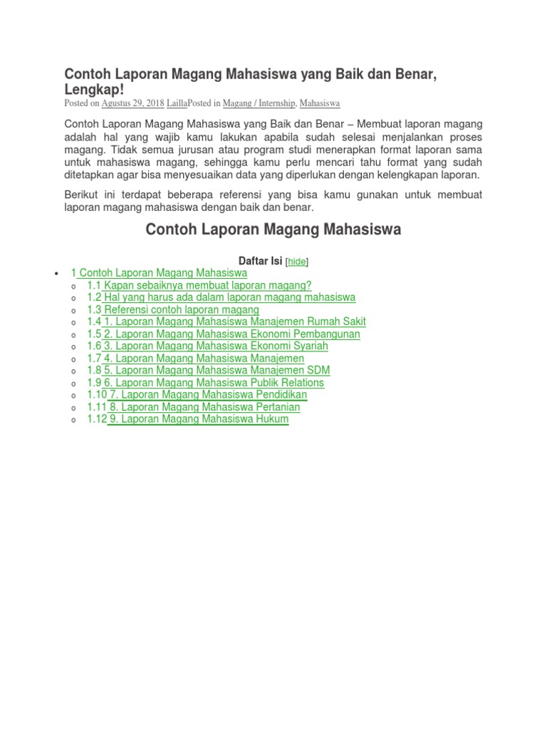 Contoh Laporan Magang Mahasiswa Yang Baik Dan Benar | PDF