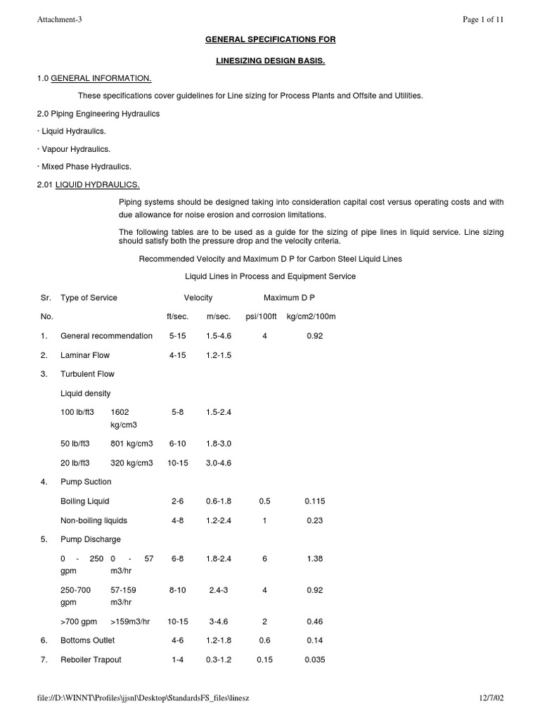 Line Sizing Specifications Overview | PDF | Pump | Pressure