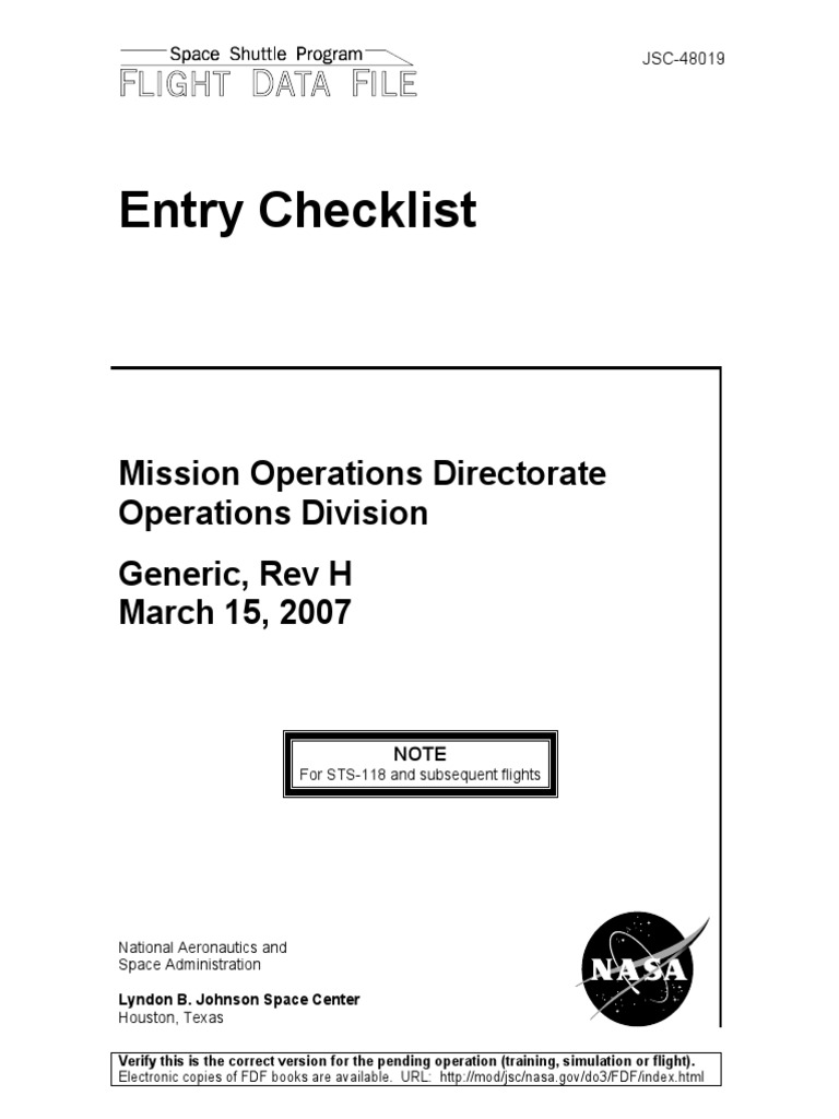 Entry Checklist: Mission Operations Directorate Operations Division ...