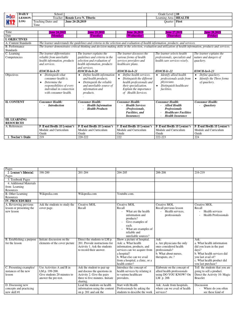 Grade 10 Health Lesson Plan Q1 W1-2 | PDF | Health Care | Curriculum