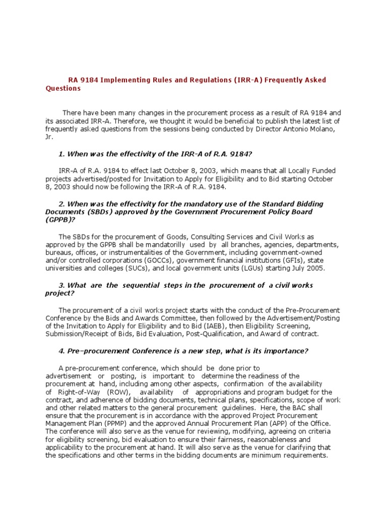 RA 9184 Implementing Rules and Regulations | PDF | Procurement ...