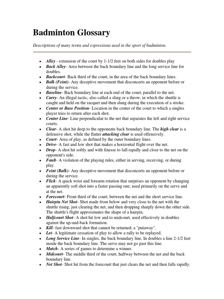 Badminton Glossary: Descriptions of Many Terms and Expressions Used in ...