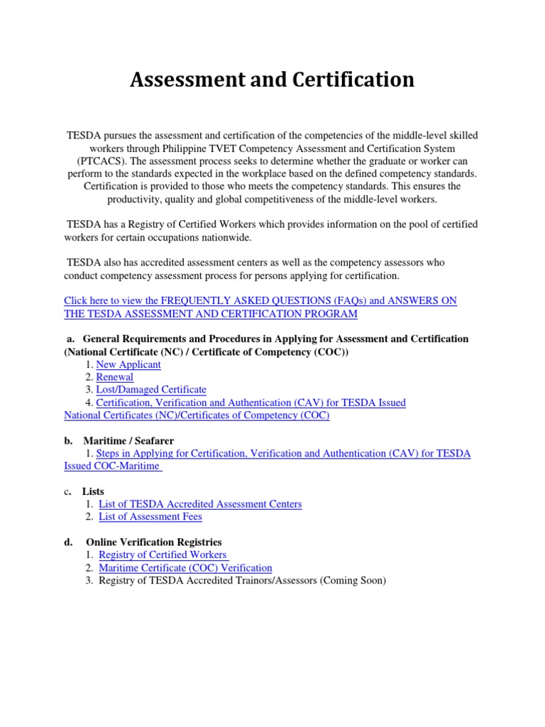 Assessment and Certification: (National Certificate (NC) / Certificate ...