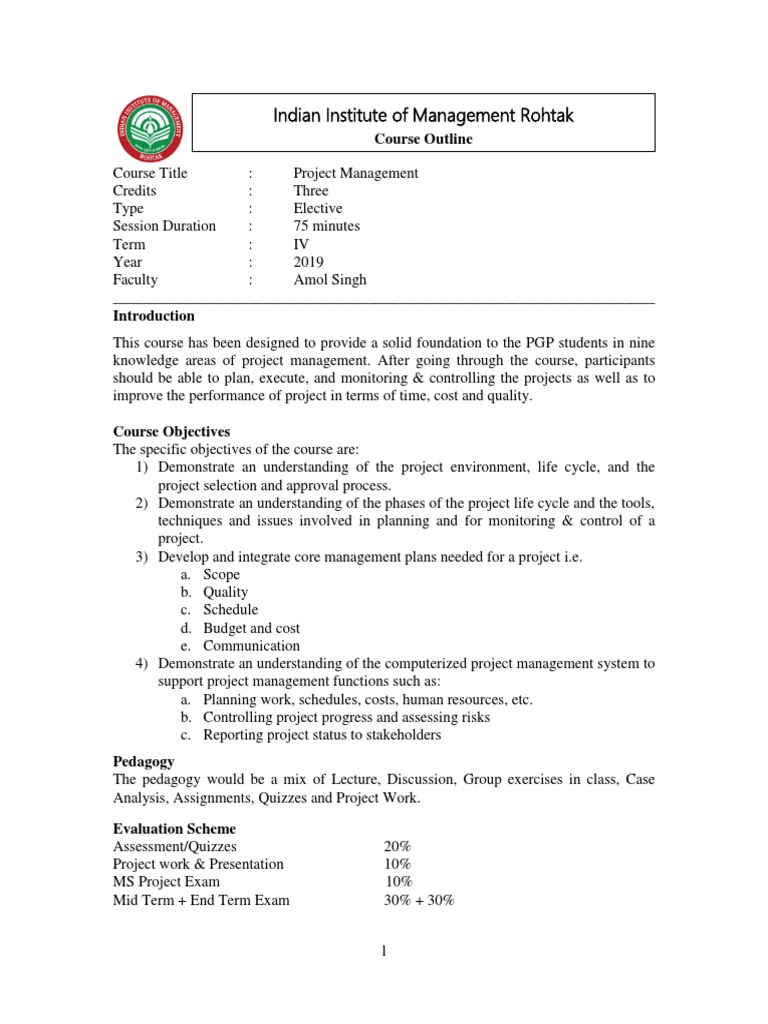 Project Management Course Outline 2019 | PDF | Project Management ...