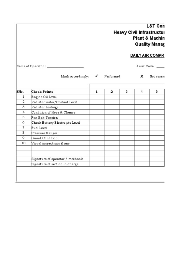 Daily Air Compressor Checklist | PDF | Radiator | Machines