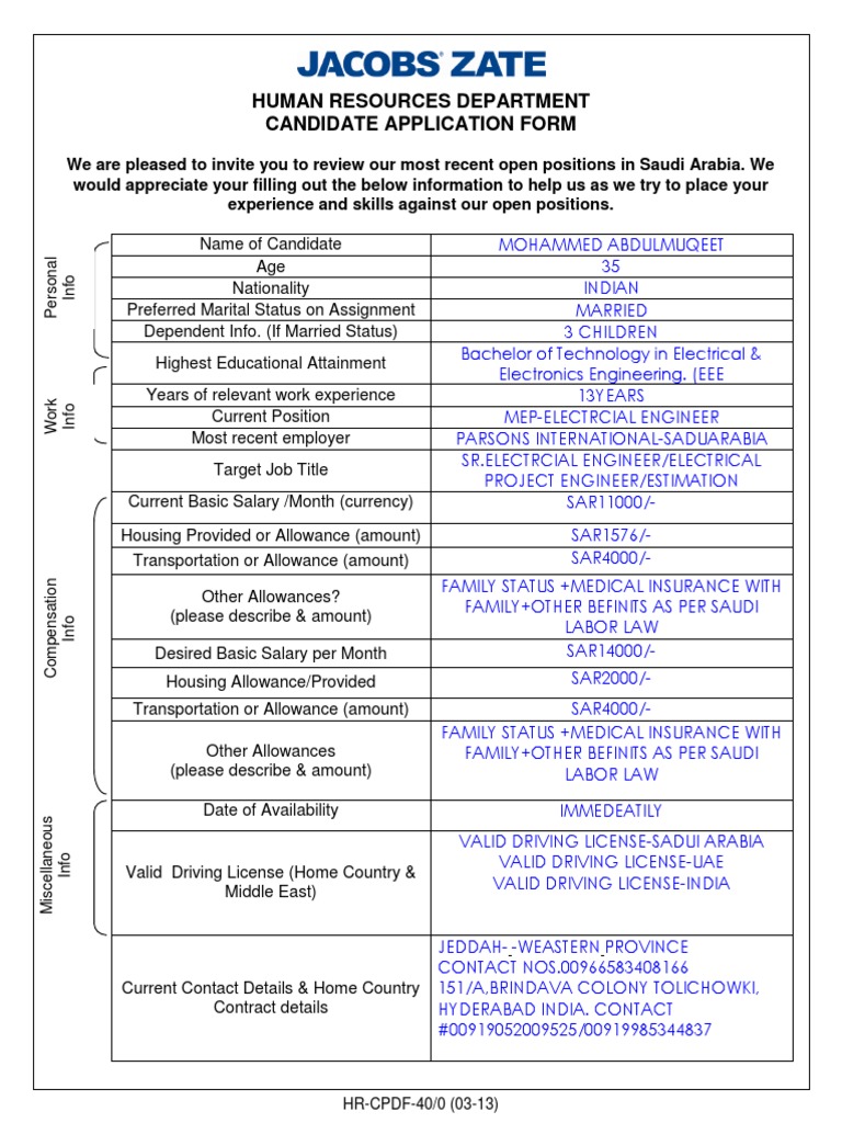 Candidate Application Form | PDF | Saudi Arabia | Employment