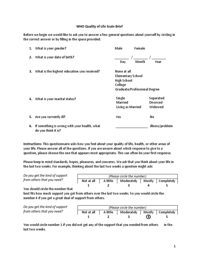 WHO Quality of Life Scale-Brief | PDF | Quality Of Life | Question