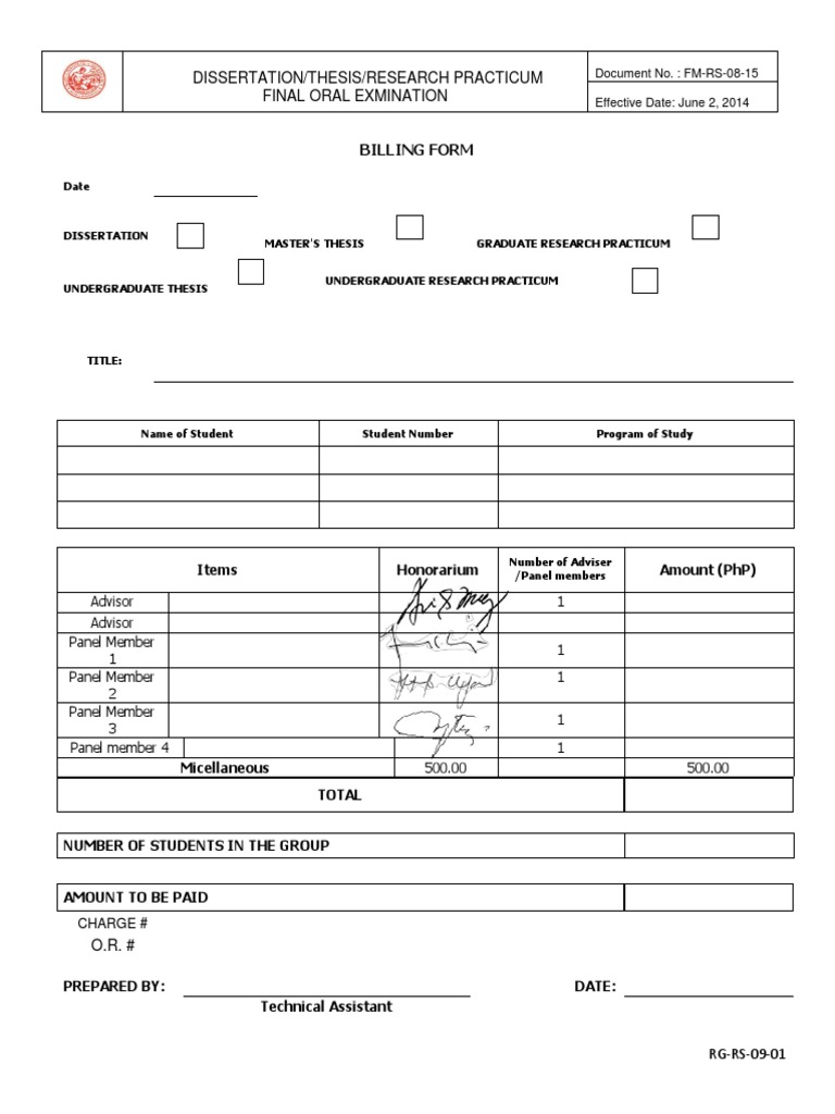 Final Oral Examination Billing Form | PDF