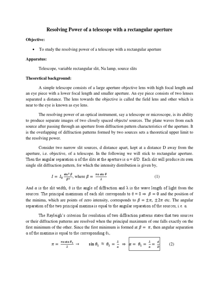Determination of The Resolving Power of A Telescope | PDF | Angular Resolution | Diffraction