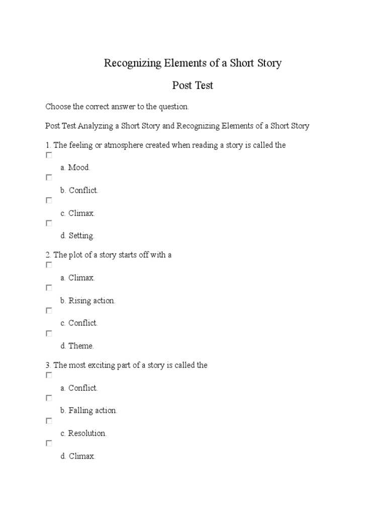 Recognizing Elements of A Short Story Post Test | PDF | Plot (Narrative ...