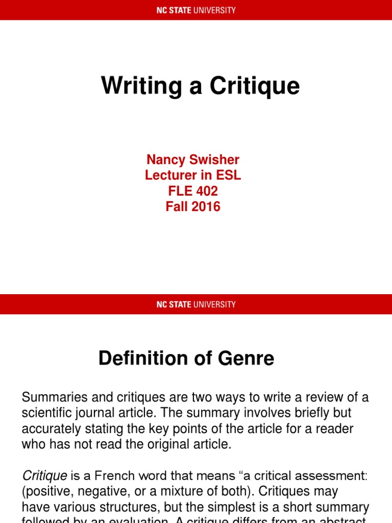 Guide to Writing a Critique | PDF | Evaluation | Academic Discipline ...