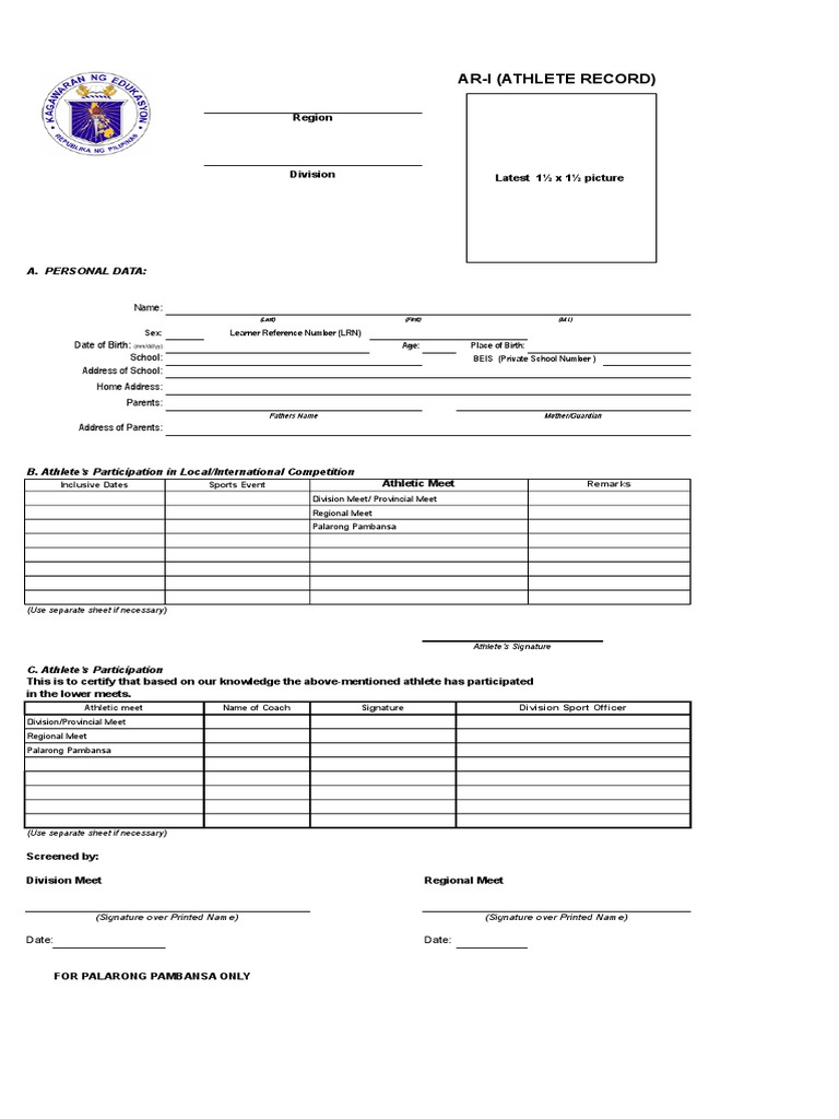 Ar-I (Athlete Record) : Region | PDF